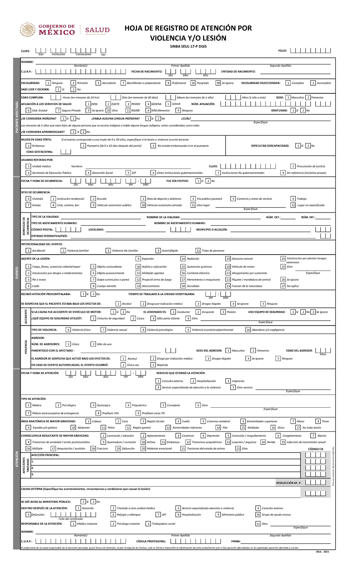 Formato de Registro de Atención por Lesiones y Violencia 2021 - Studocu