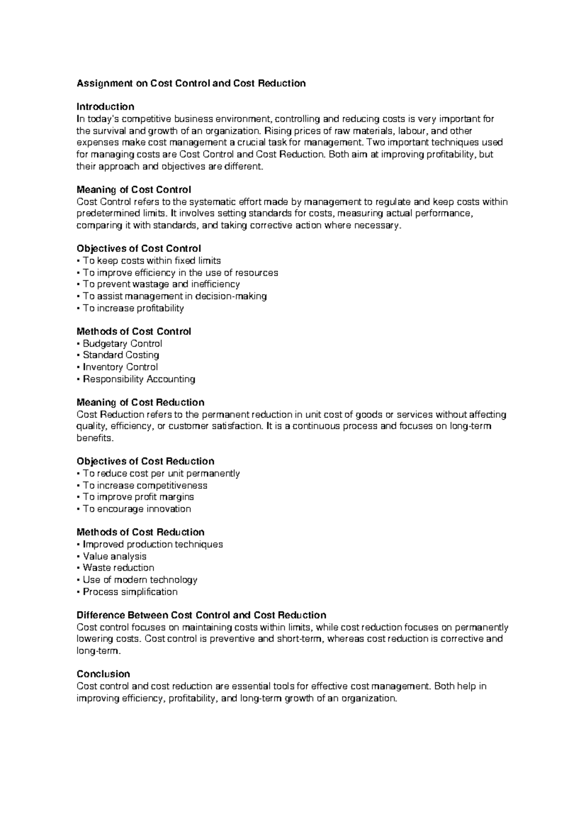 Cost Control and Cost Reduction Assignment (BUS 101) - Studocu