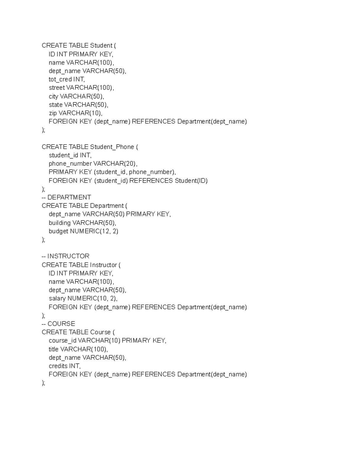 SQL Schema for University Database - Lectures (Course Code: 6) - Studocu