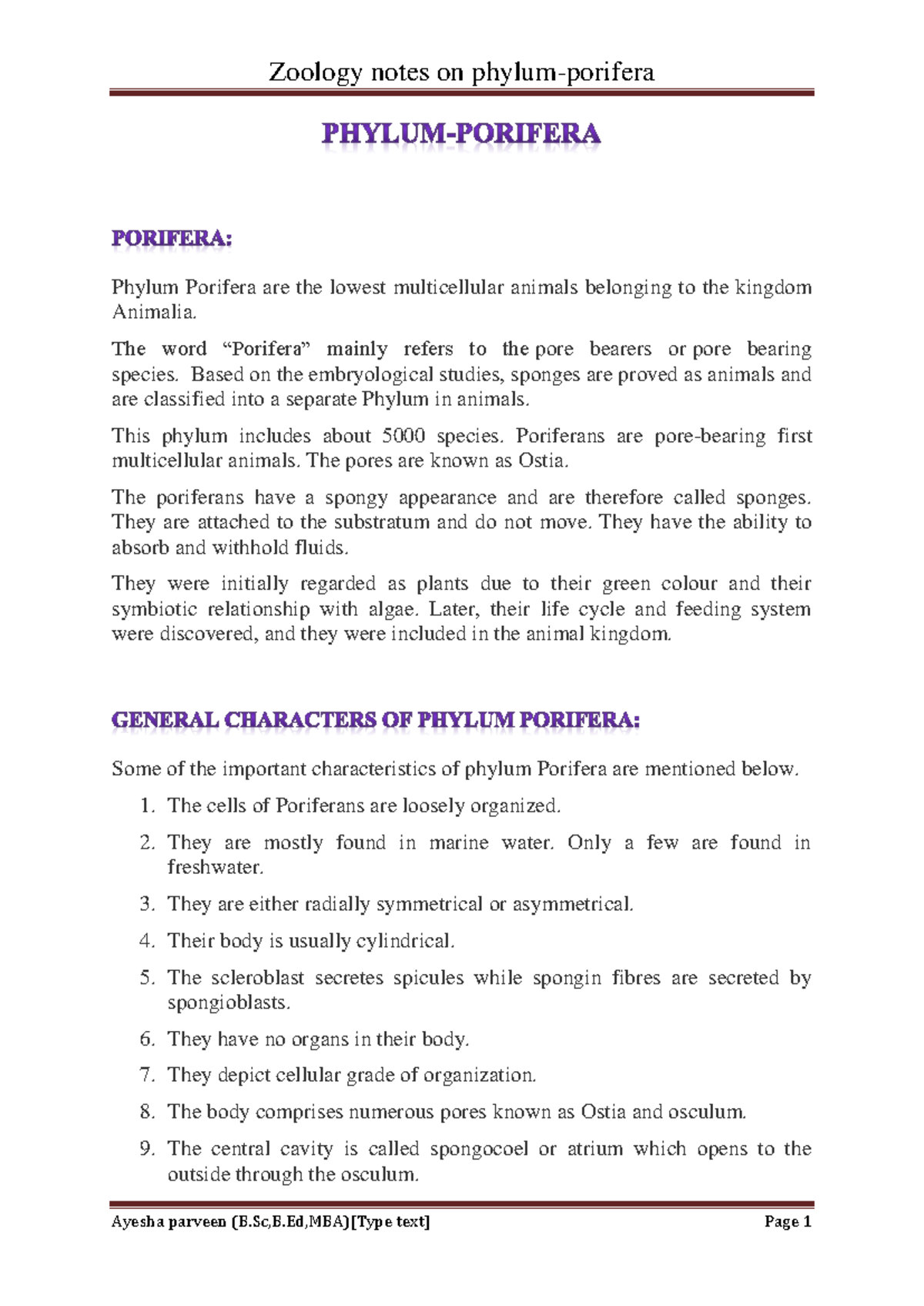 Phylum Porifera - The word