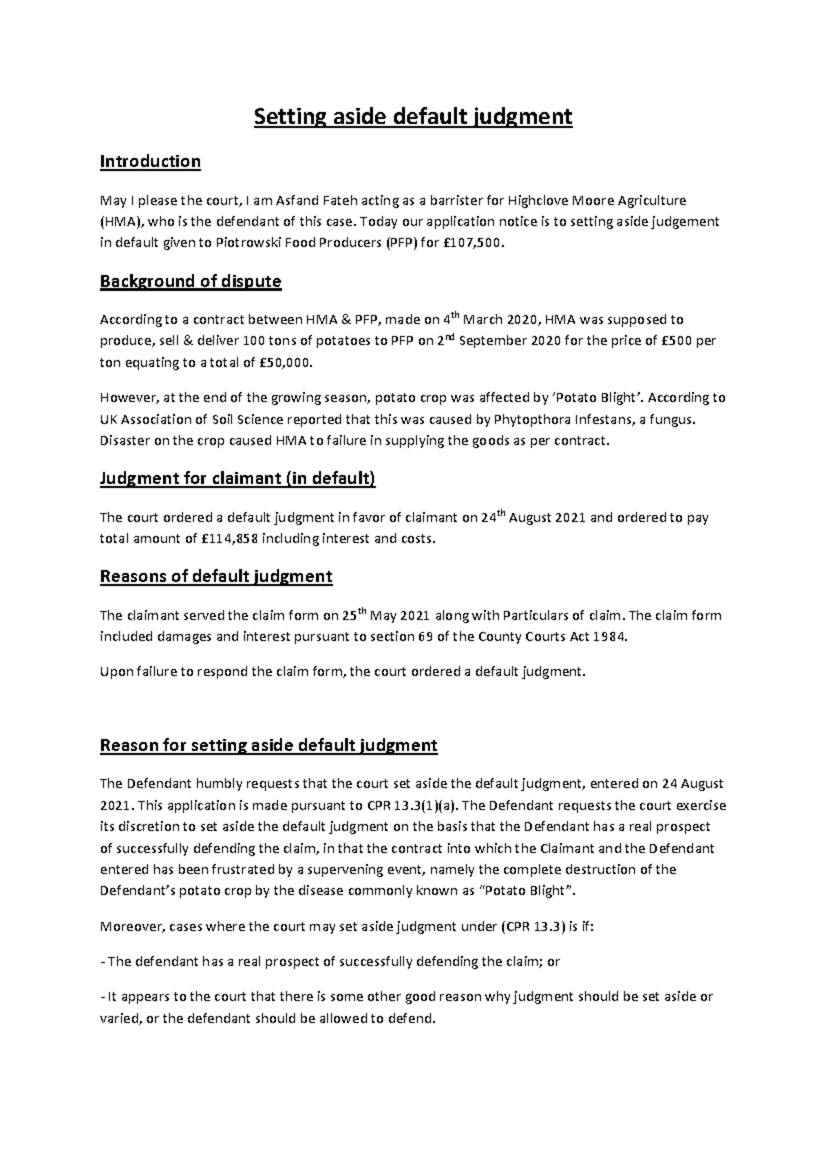 Skeleton Argument: Application to Set Aside Default Judgment (HMA v PFP) - Studocu