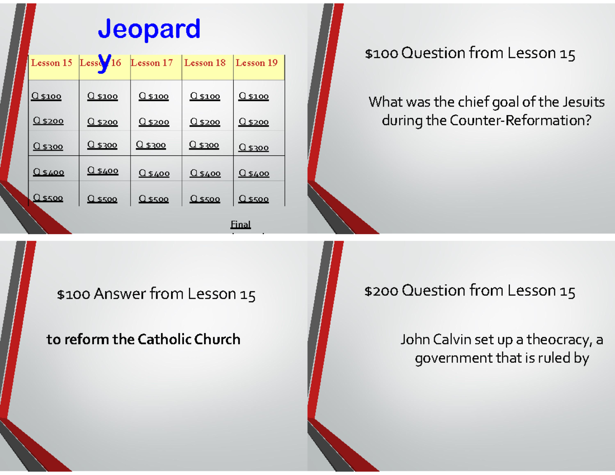 Final Jeopardy Review: Key Questions from Lessons 15-19 - Lesson 15 ...