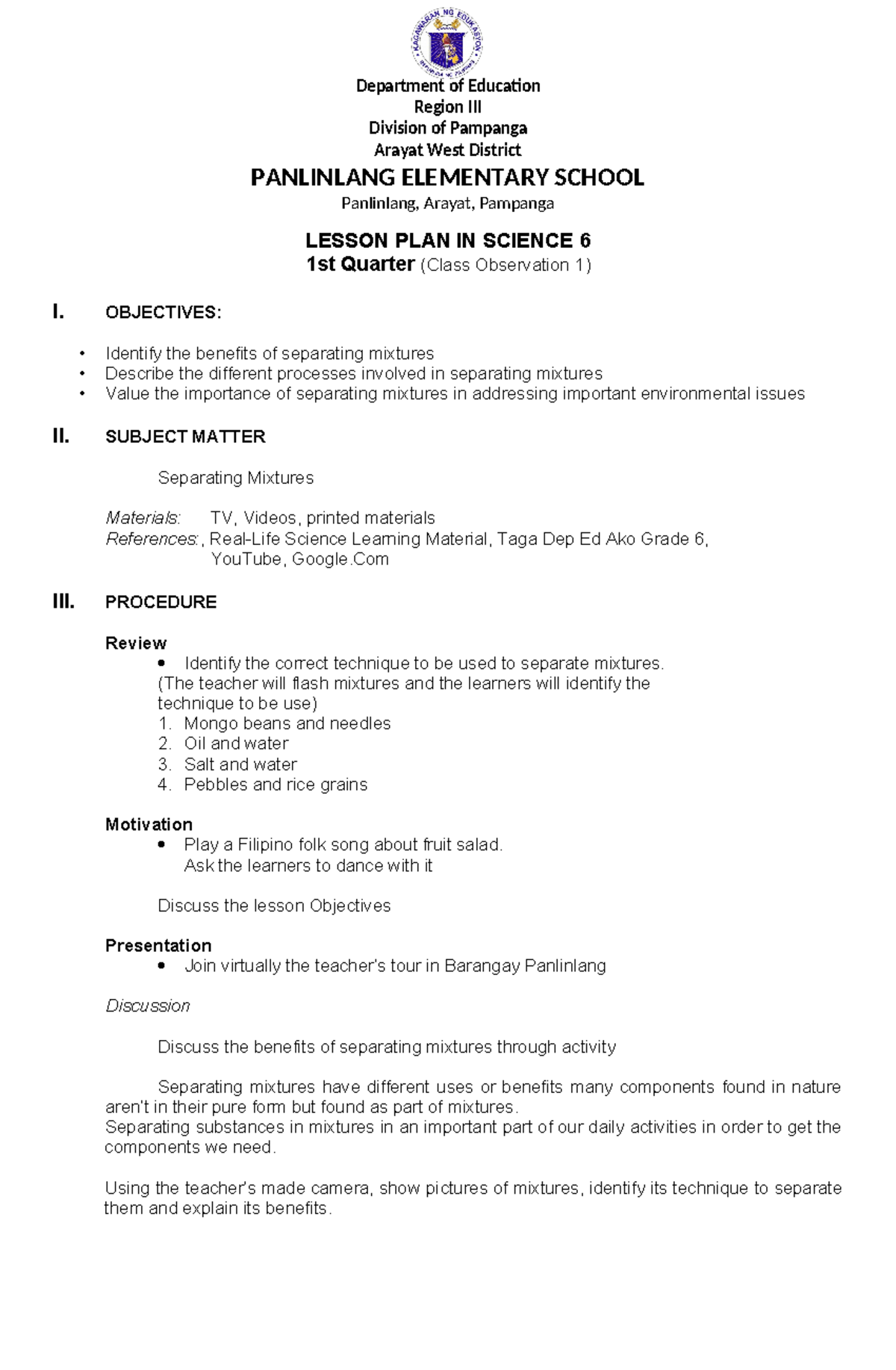 Lesson Plan in Science 6: Benefits of Separating Mixtures - Studocu