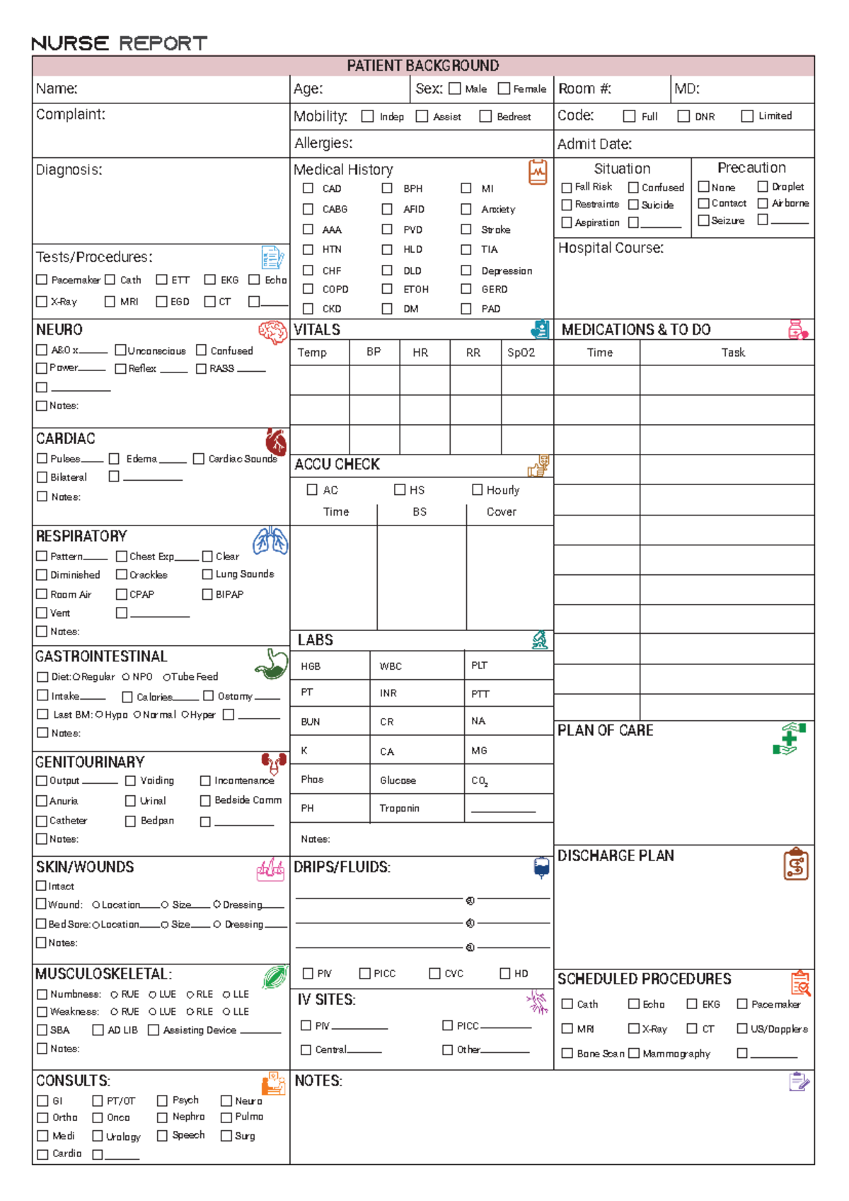Nurse Report Sheet A 4 - PATIENT BACKGROUND Name: Room #: MD: Temp AC ...
