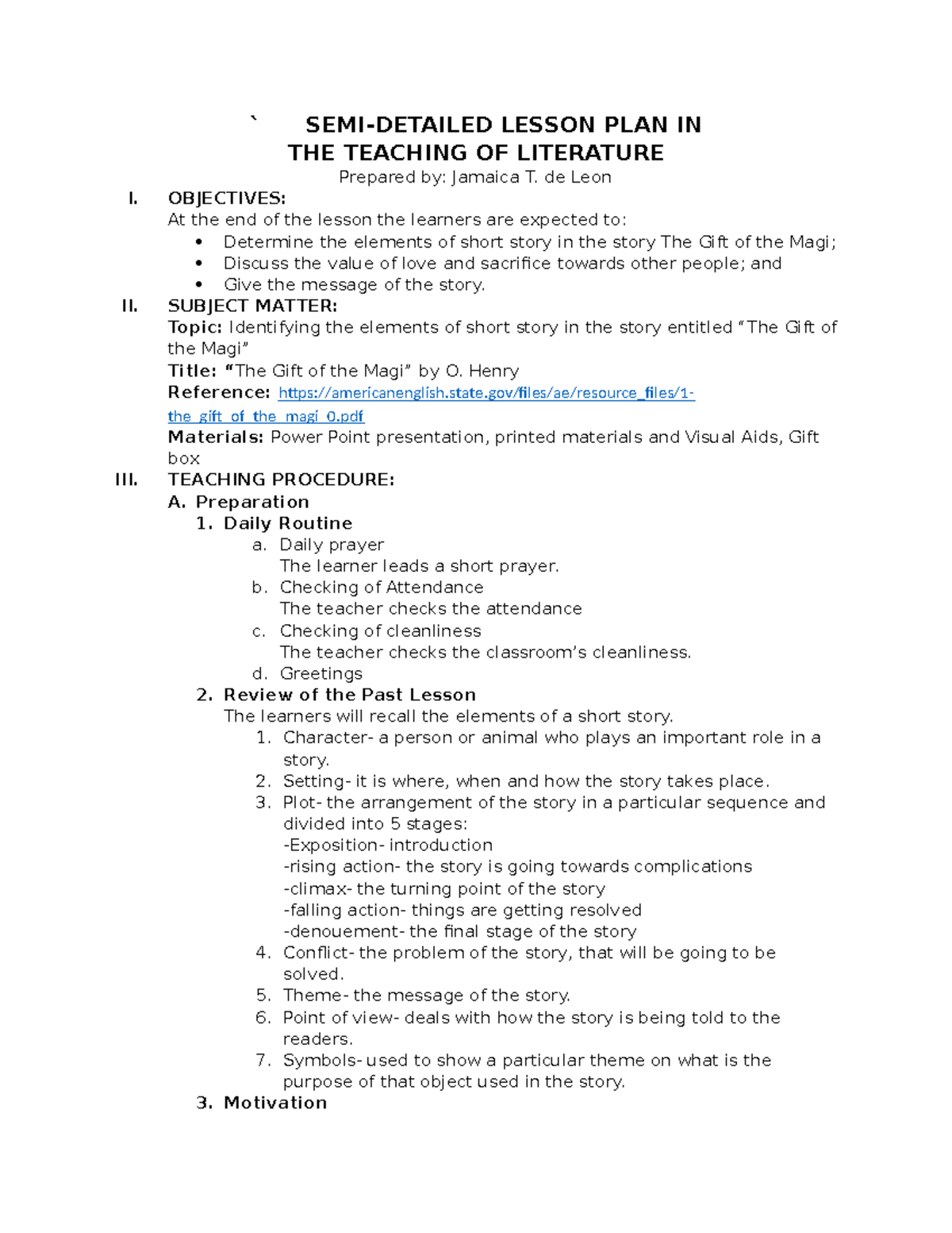 SEMI-DETAILED LESSON PLAN 3 (EDUC 101) - The Gift of the Magi - Studocu