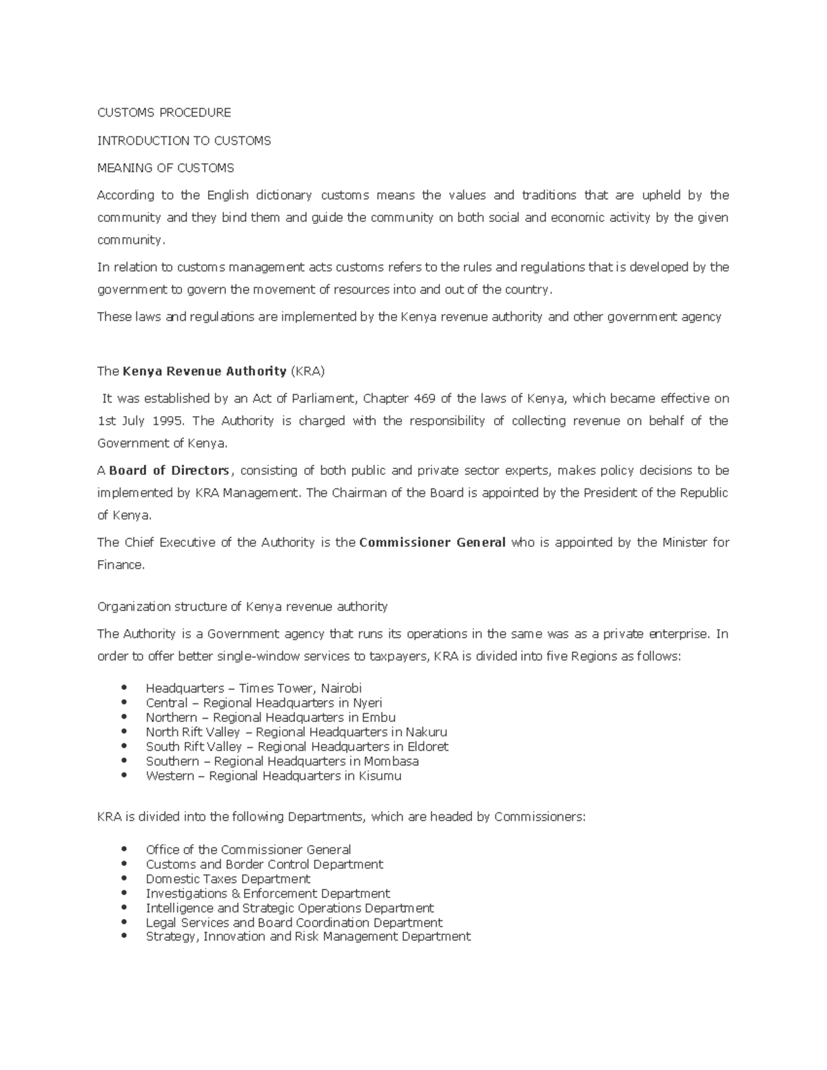 Customs Procedure notes - CUSTOMS PROCEDURE INTRODUCTION TO CUSTOMS ...