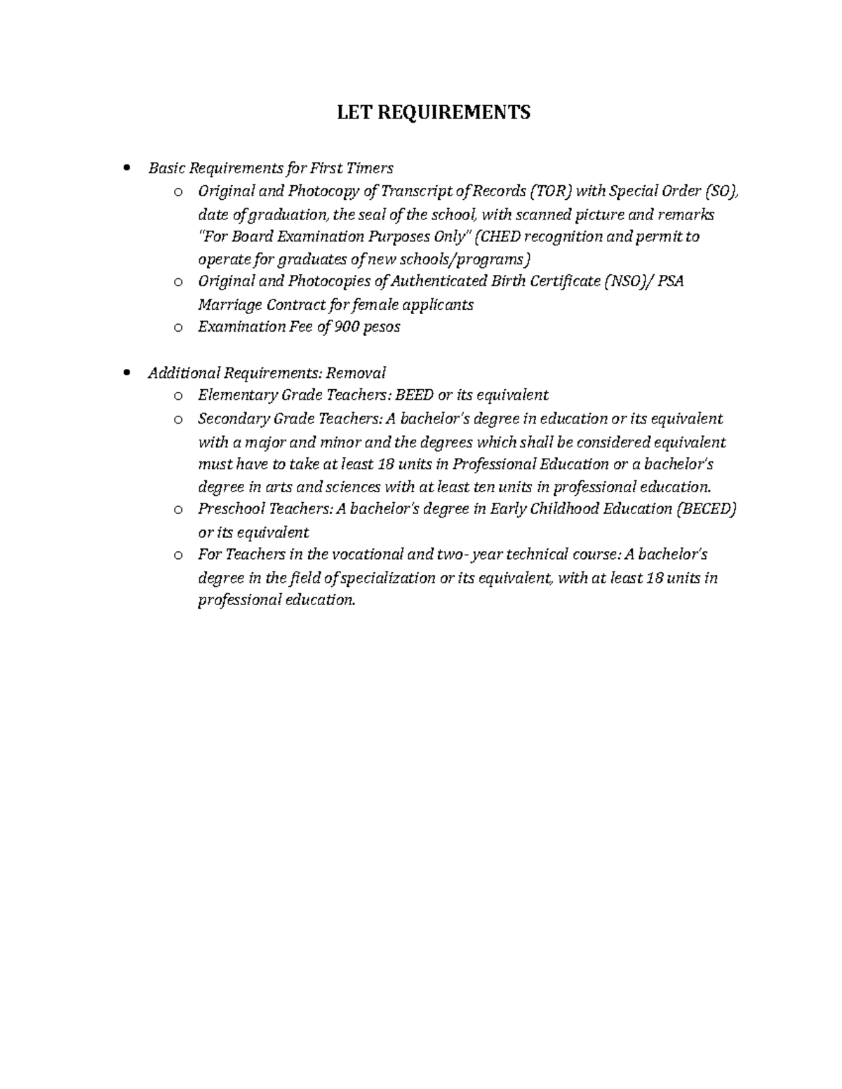 LET Exam Requirements for First Timers and Additional Qualifications ...