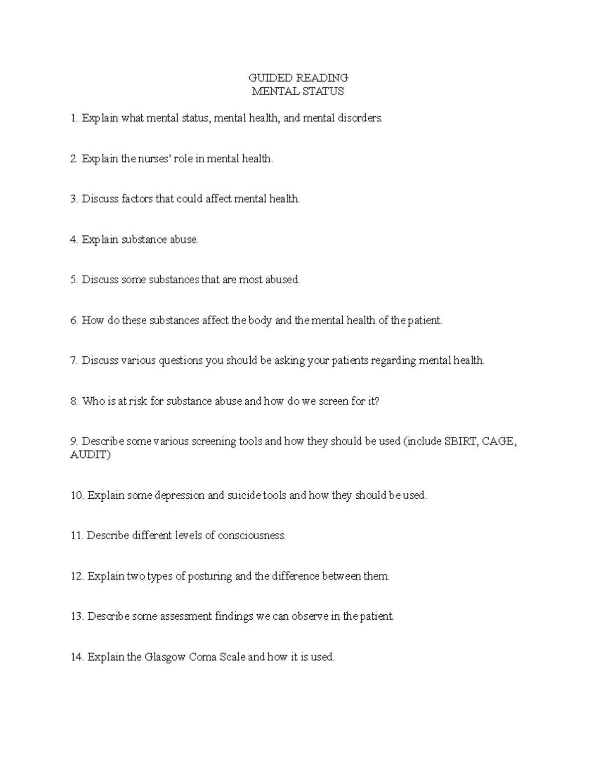 Mental Status Guided Reading: Key Concepts & Assessments - Studocu