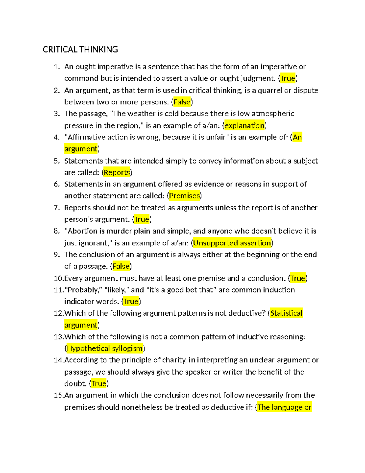 Midterm Quiz on Critical Thinking Concepts - CRITICAL THINKING 1 - Studocu