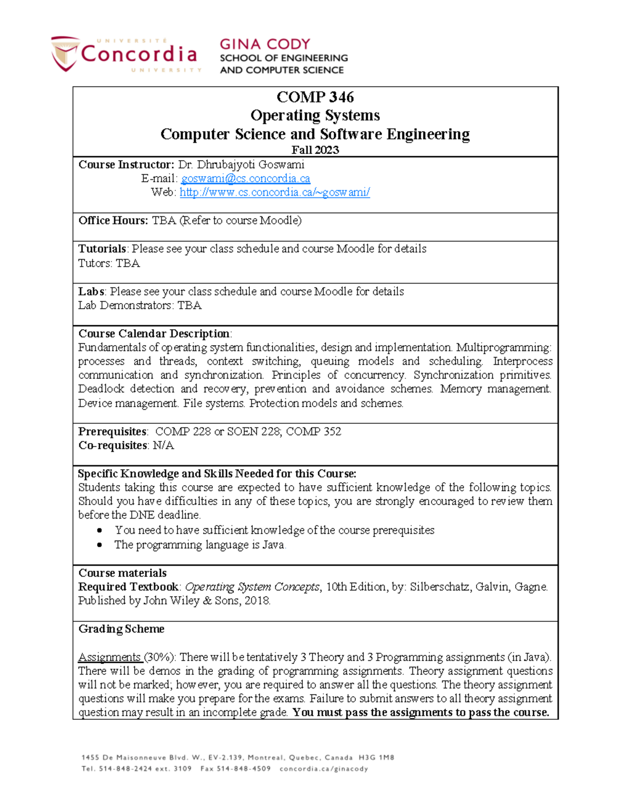 COMP346-F23 Operating Systems Course Outline and Details - Studocu