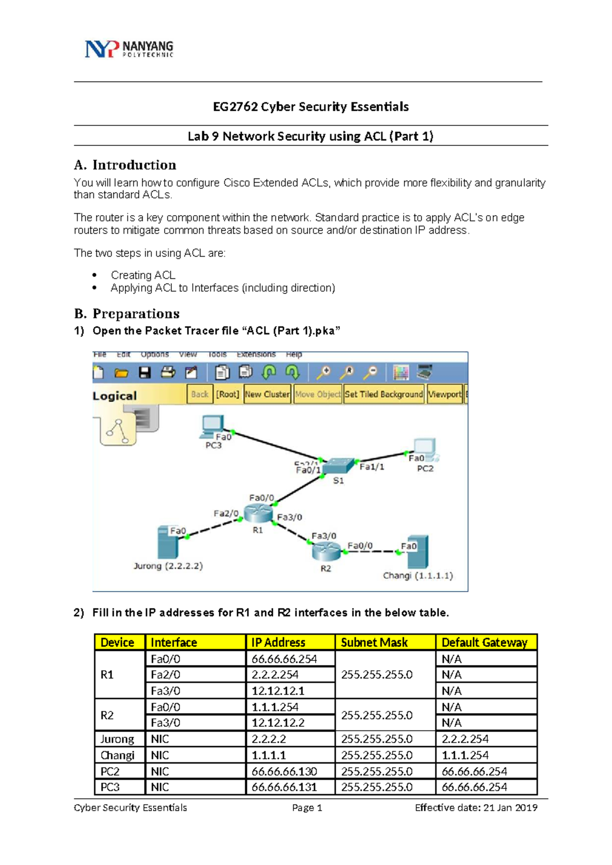 EG2762 Cyber Security Essentials Lab 9: Configuring ACLs for Network ...