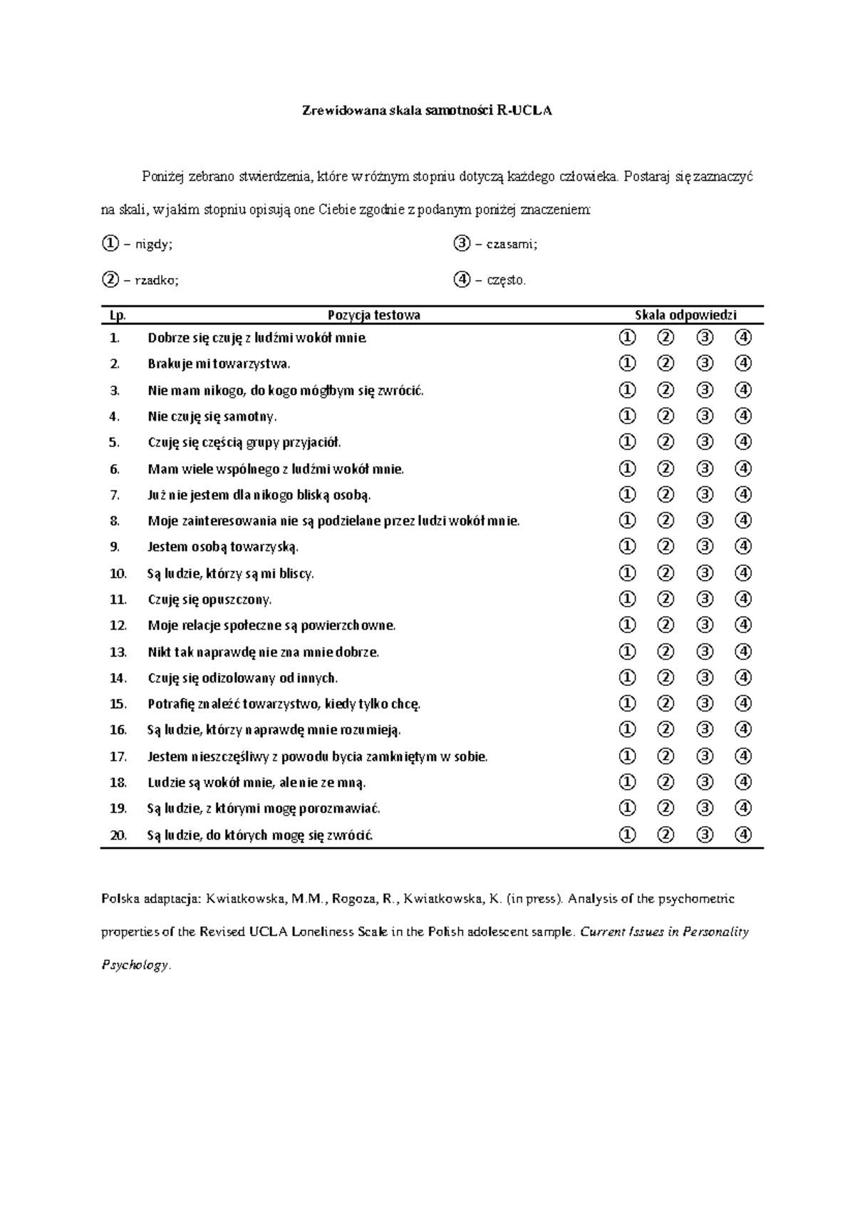 Skala R-UCLA: Pomiar Samotności w Polskim Kontekście - Studocu