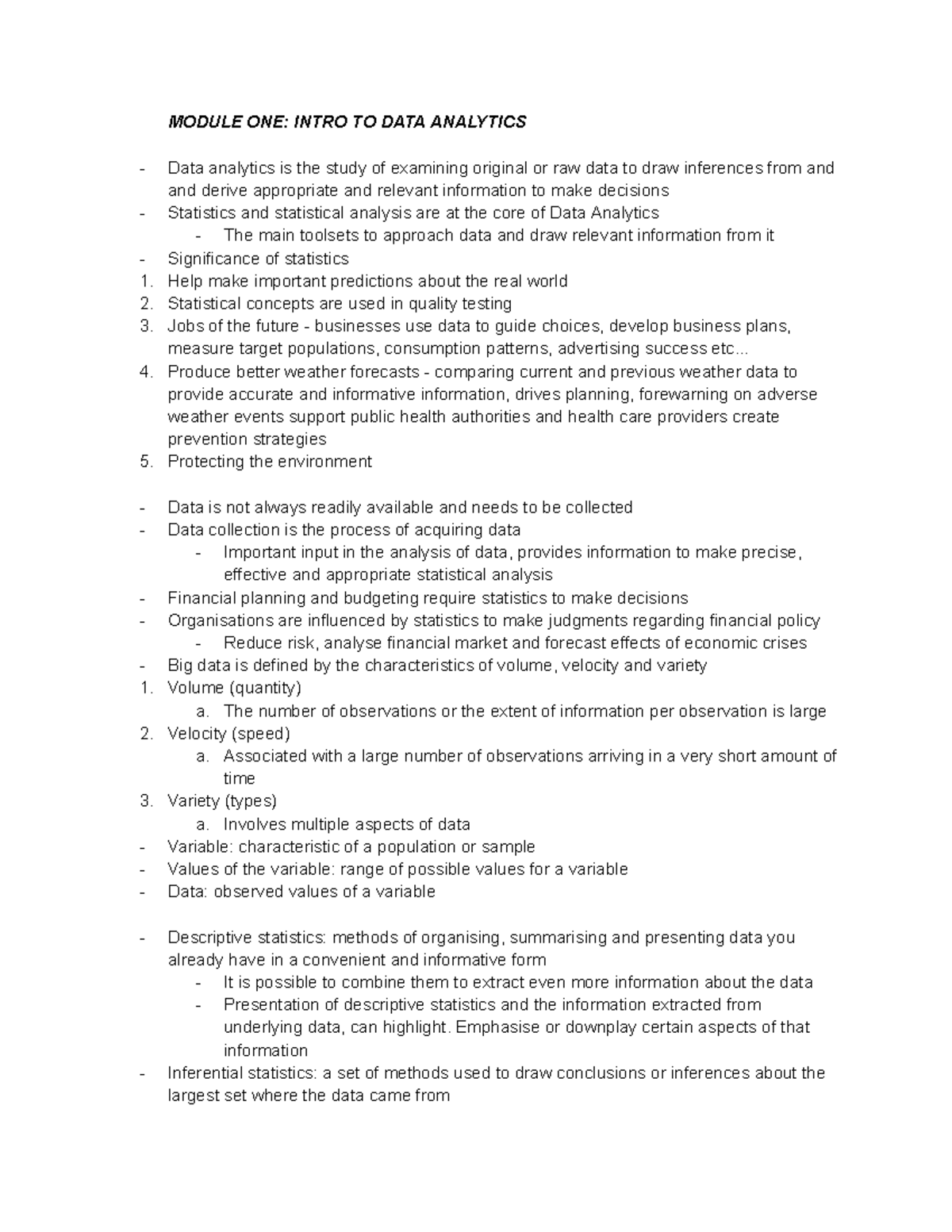 DATA Analytics I Notes: Modules 1-5 Overview and Key Concepts - Studocu