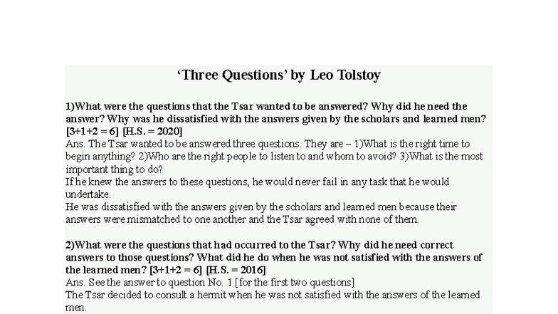 HS English - Analysis of Leo Tolstoy's "The Three Questions" - Studocu