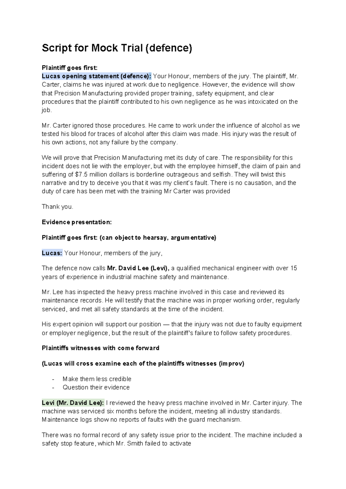 Mock Trial Script: Defence Opening Statement & Evidence Presentation ...
