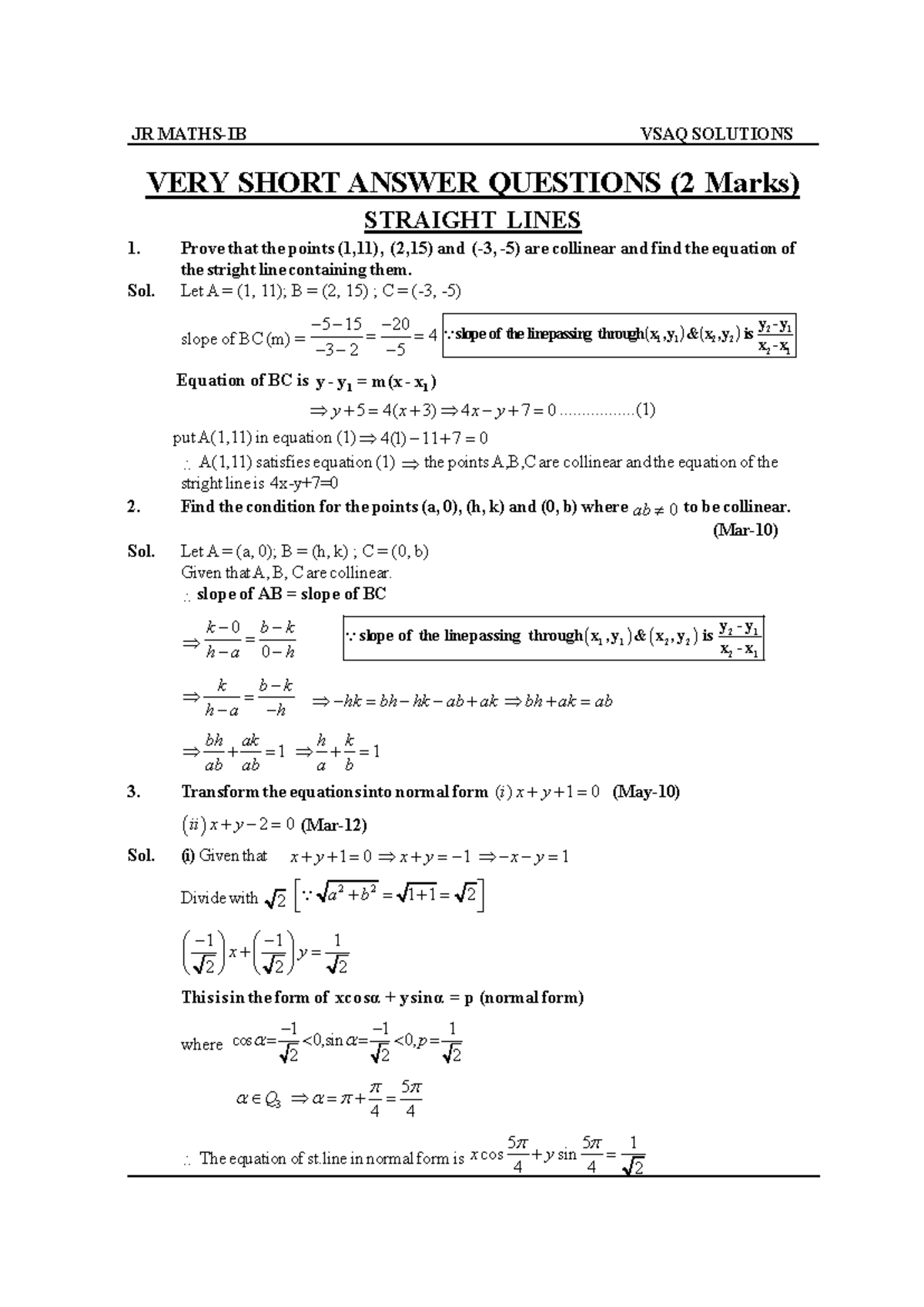 JR Maths-IB VSAQ Solutions: Very Short Answer Questions on Straight ...