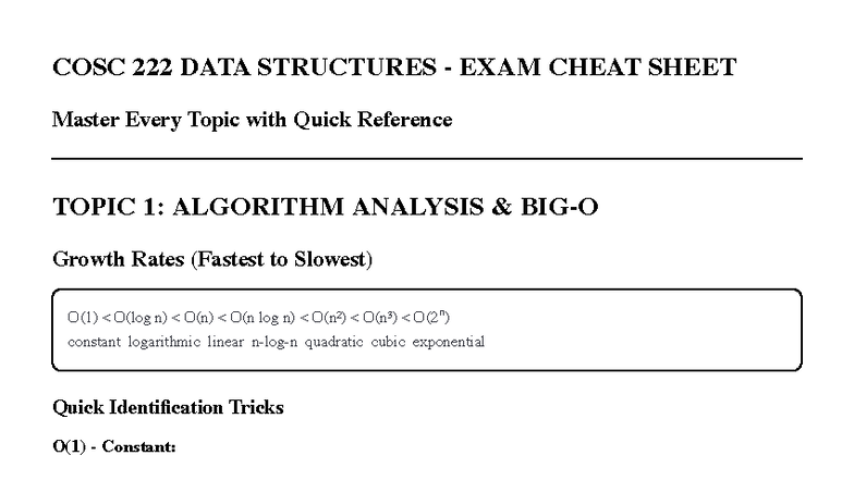 COSC 222 Data Structures Final Exam Cheat Sheet: Key Concepts & Tips ...