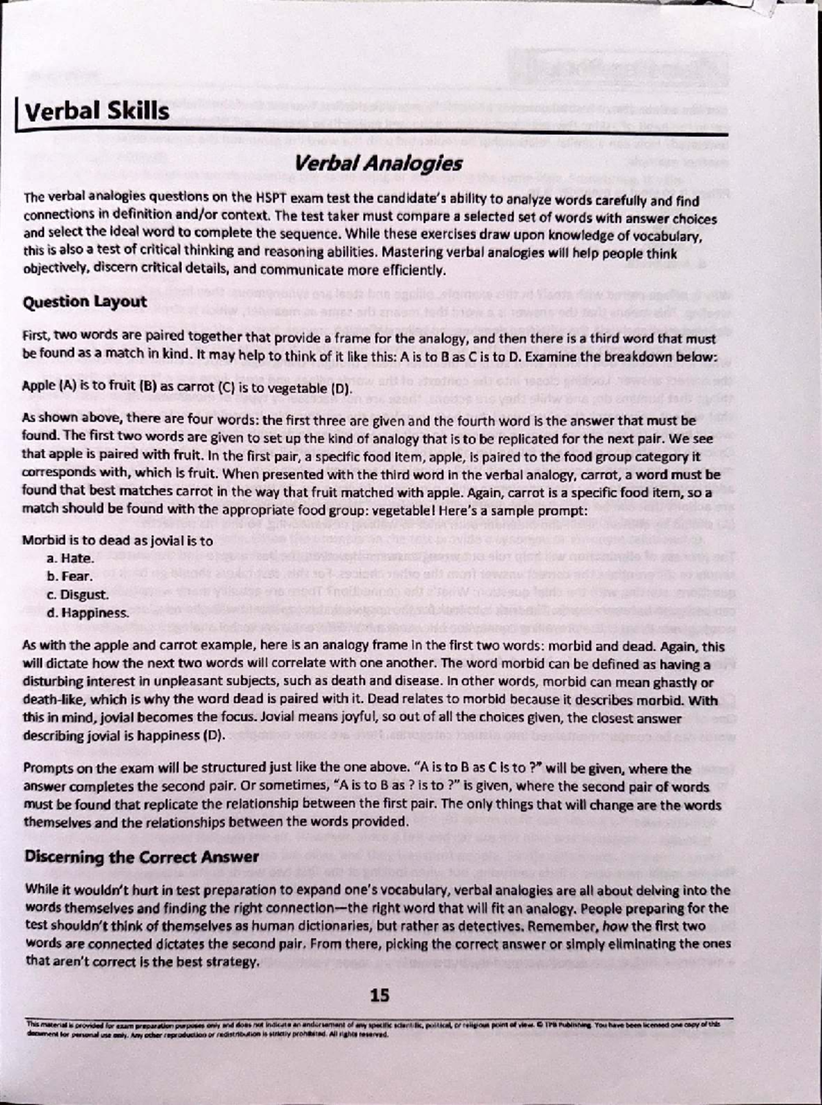 Final Exam Study Guide for HSPT: Verbal Skills & Analogies - Studocu