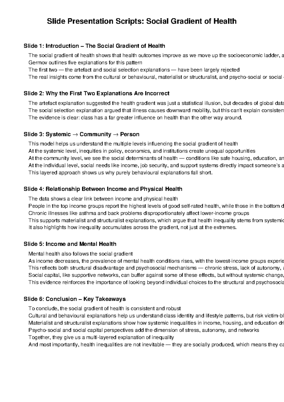 Social Gradient of Health: Slide Presentation Scripts - Studocu