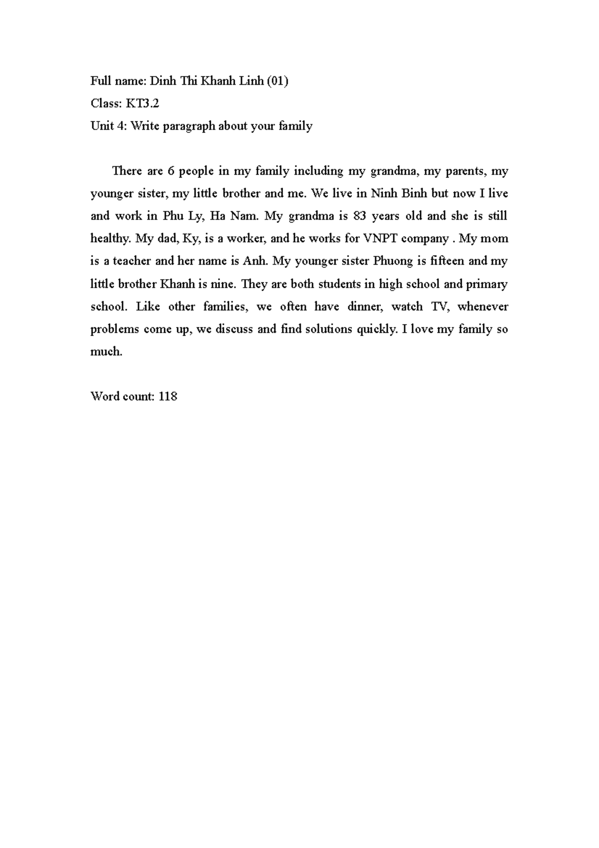 KT3 Unit 4 Writing: Paragraph About My Family - Studocu
