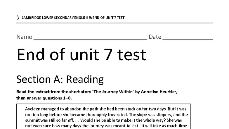 CAMBRIDGE LOWER SECONDARY ENGLISH 9: UNIT 7 TEST REVIEW - Studocu