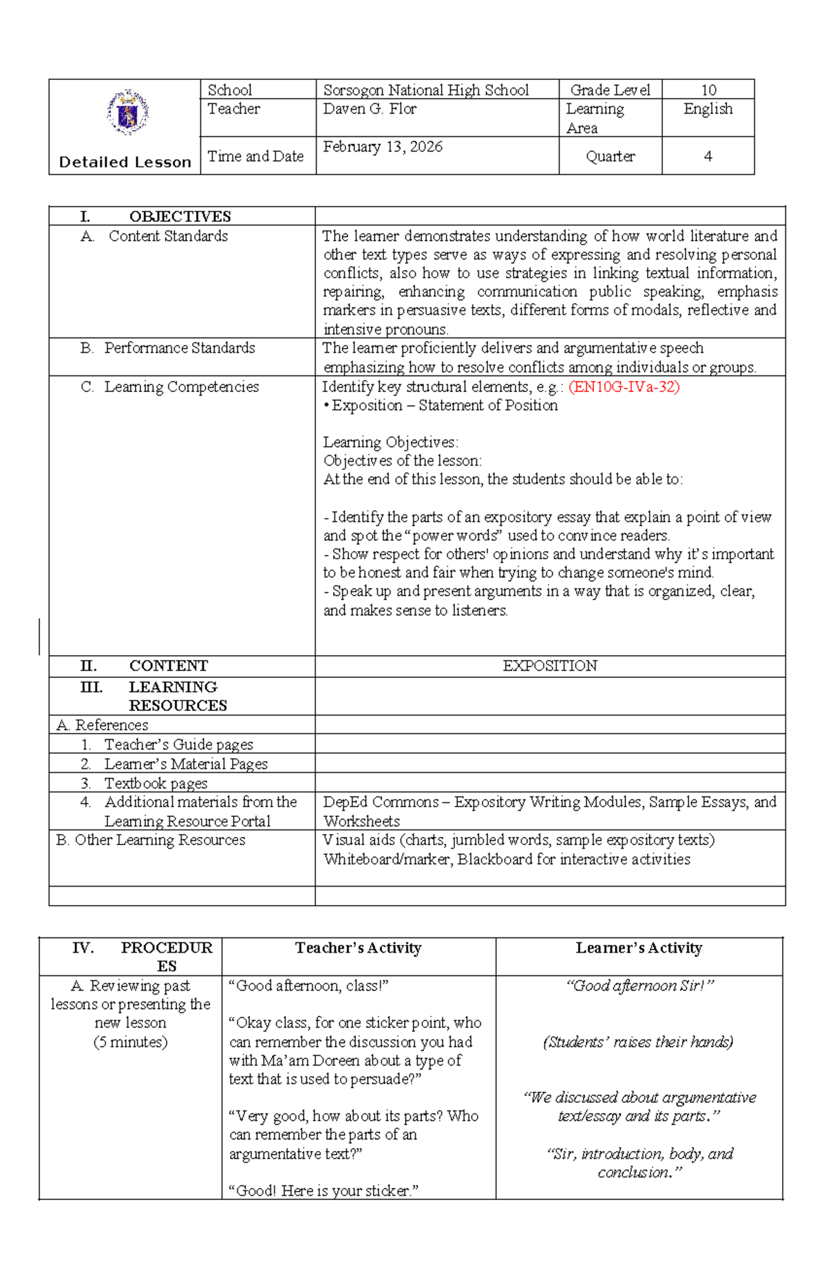 10 English Expository Lesson Plan - Daven G. Flor - Studocu
