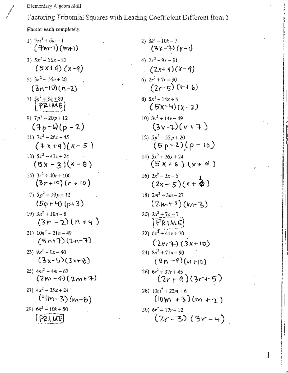 Elementary Algebra: Factoring Trinomials with Leading Coefficient ≠ 1 ...