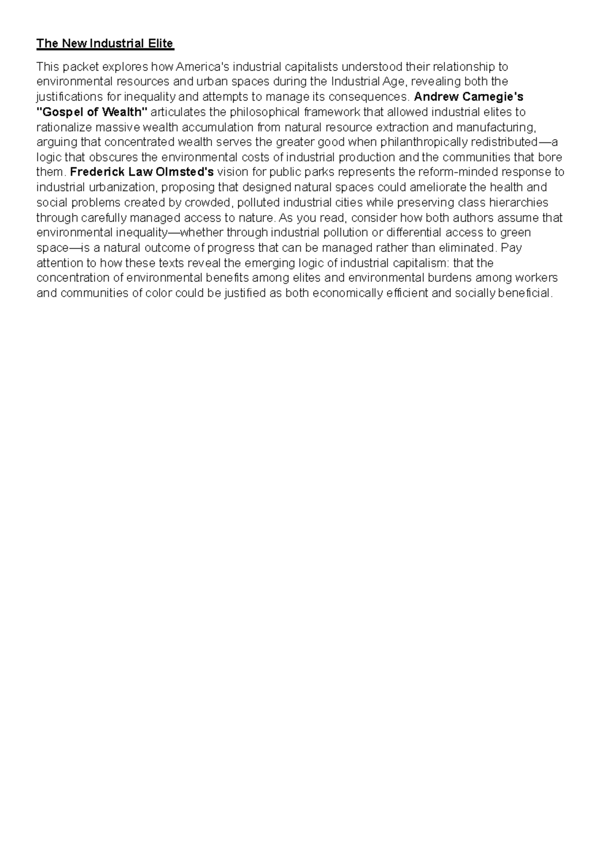 The New Industrial Elite: Wealth, Inequality & Urban Spaces (HIST 301 ...