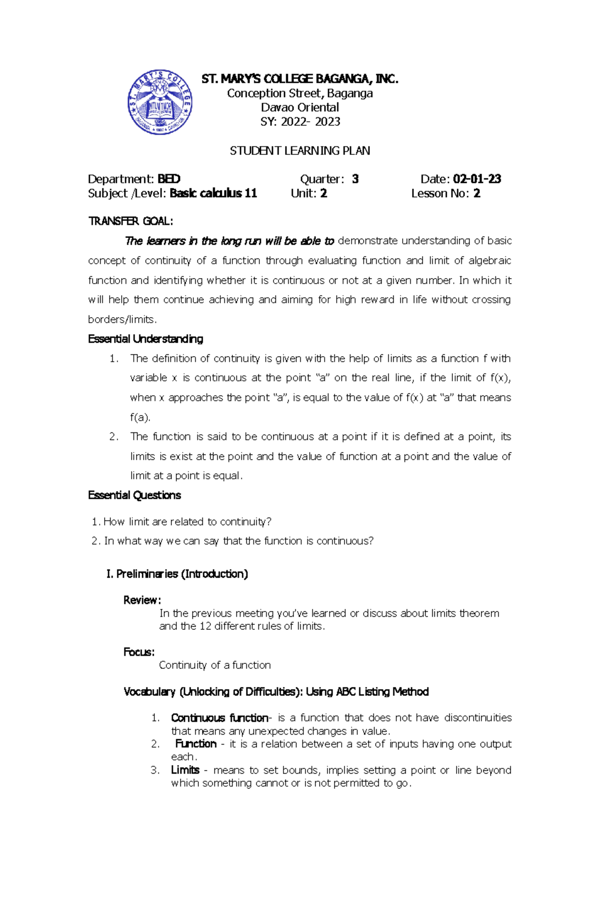 Lesson Plan: Grade 11 STEM - Understanding Function Continuity - Studocu