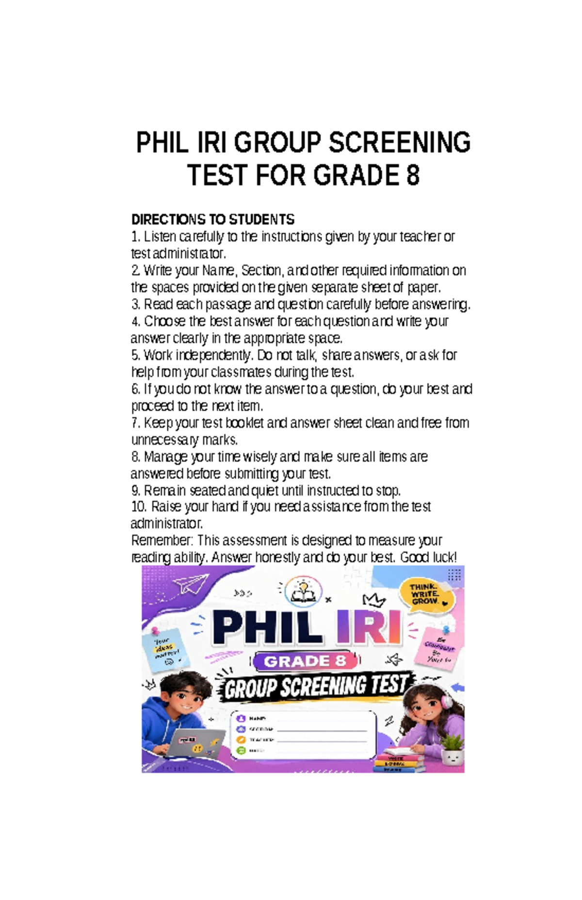 PHIL IRI English 8 Group Screening Test (Final) Booklet - Studocu