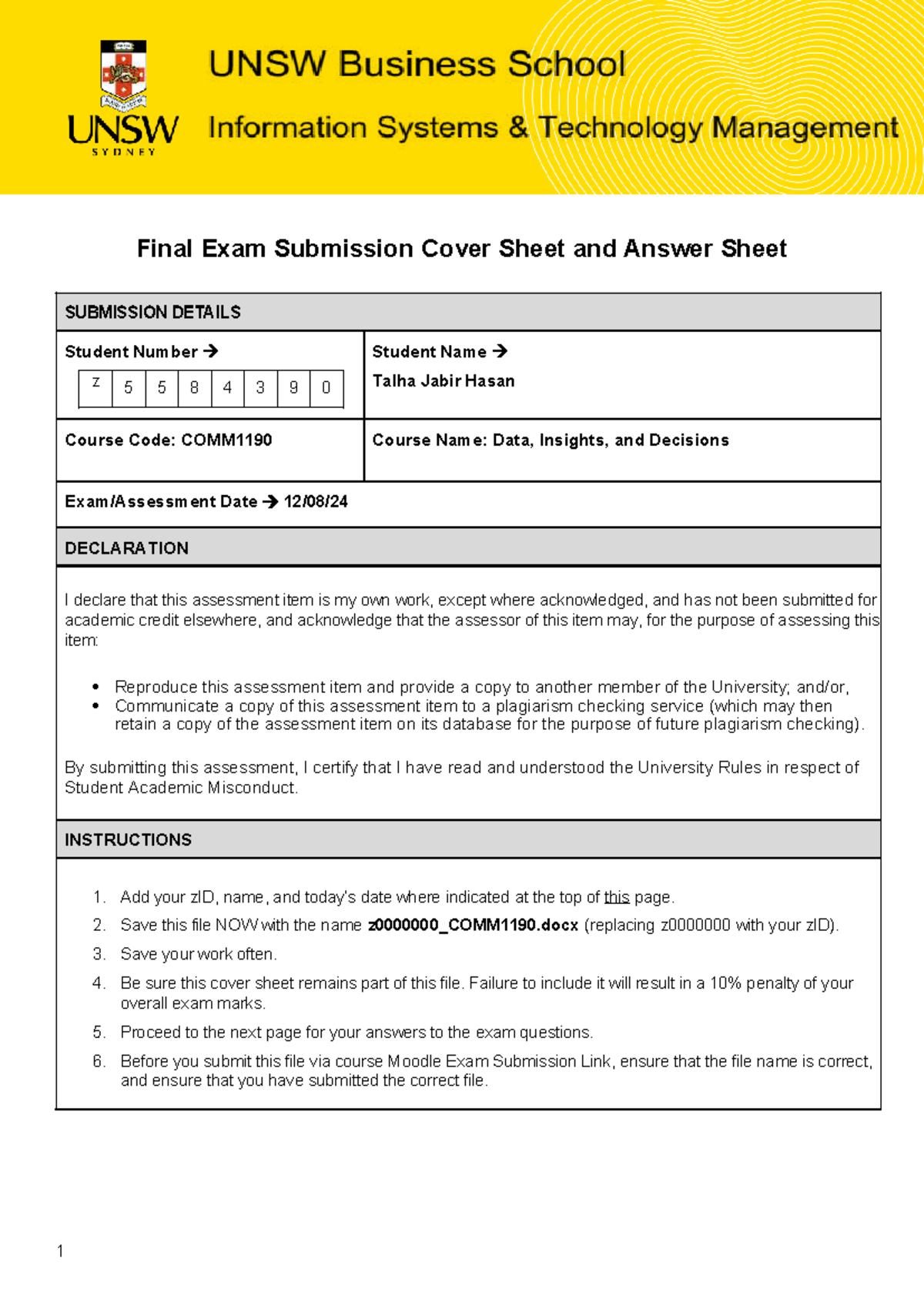 COMM1190 T2 2024 Final Exam Submission Cover Sheet & Answers - Studocu