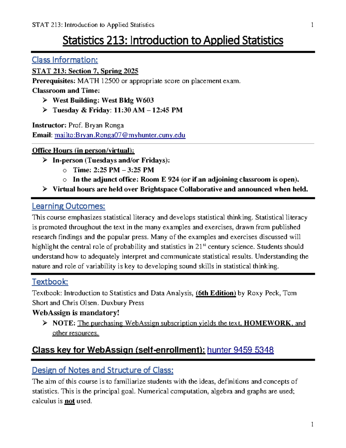 STAT 213: Spring 2025 Syllabus for Applied Statistics 1 - Studocu