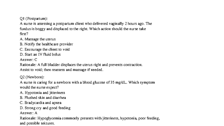 Postpartum & Newborn NCLEX Review: 50 Key Questions and Answers - Studocu