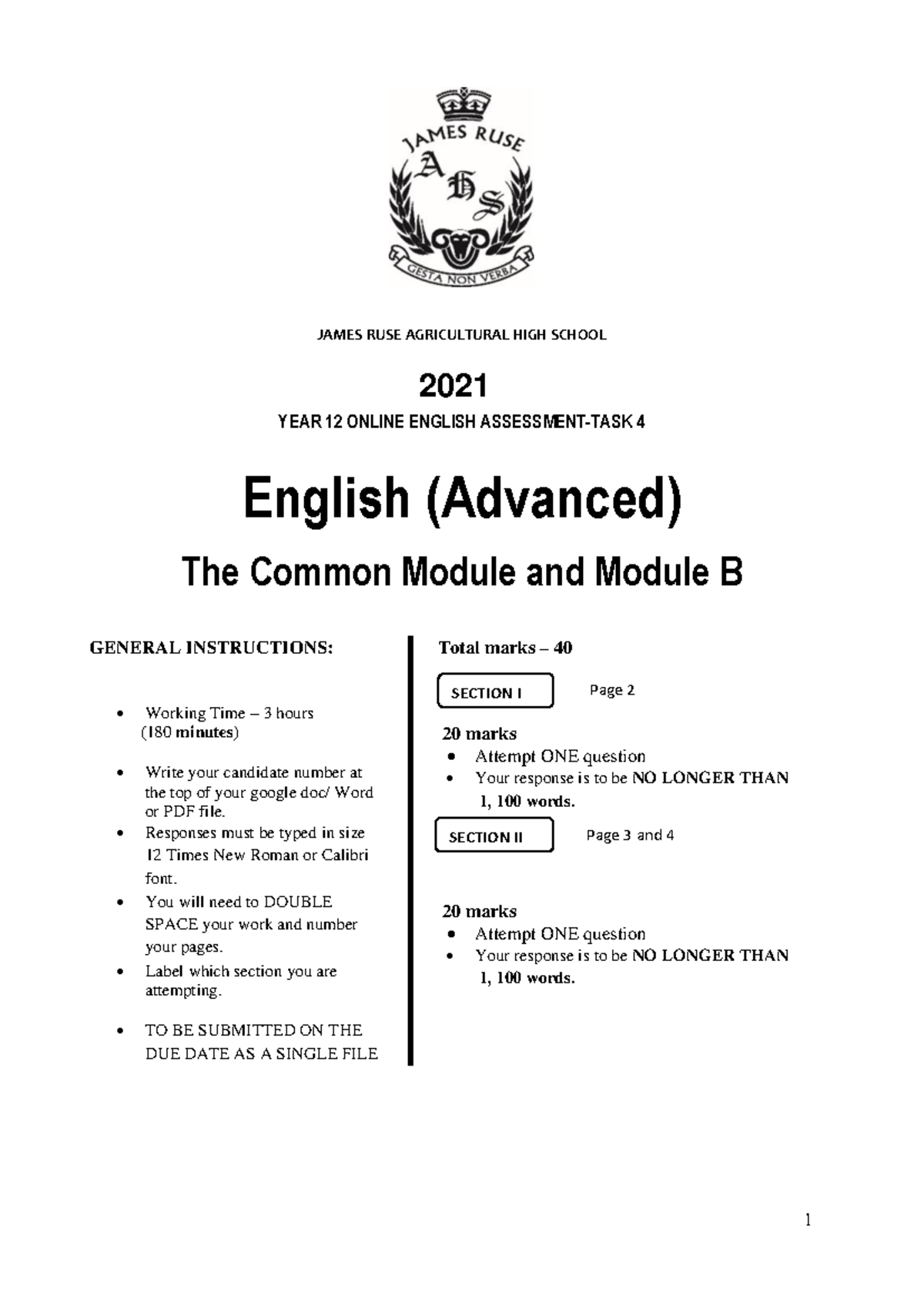 James Ruse 2021 Year 12 Eng Adv Trials: Common Module & Module B - Studocu