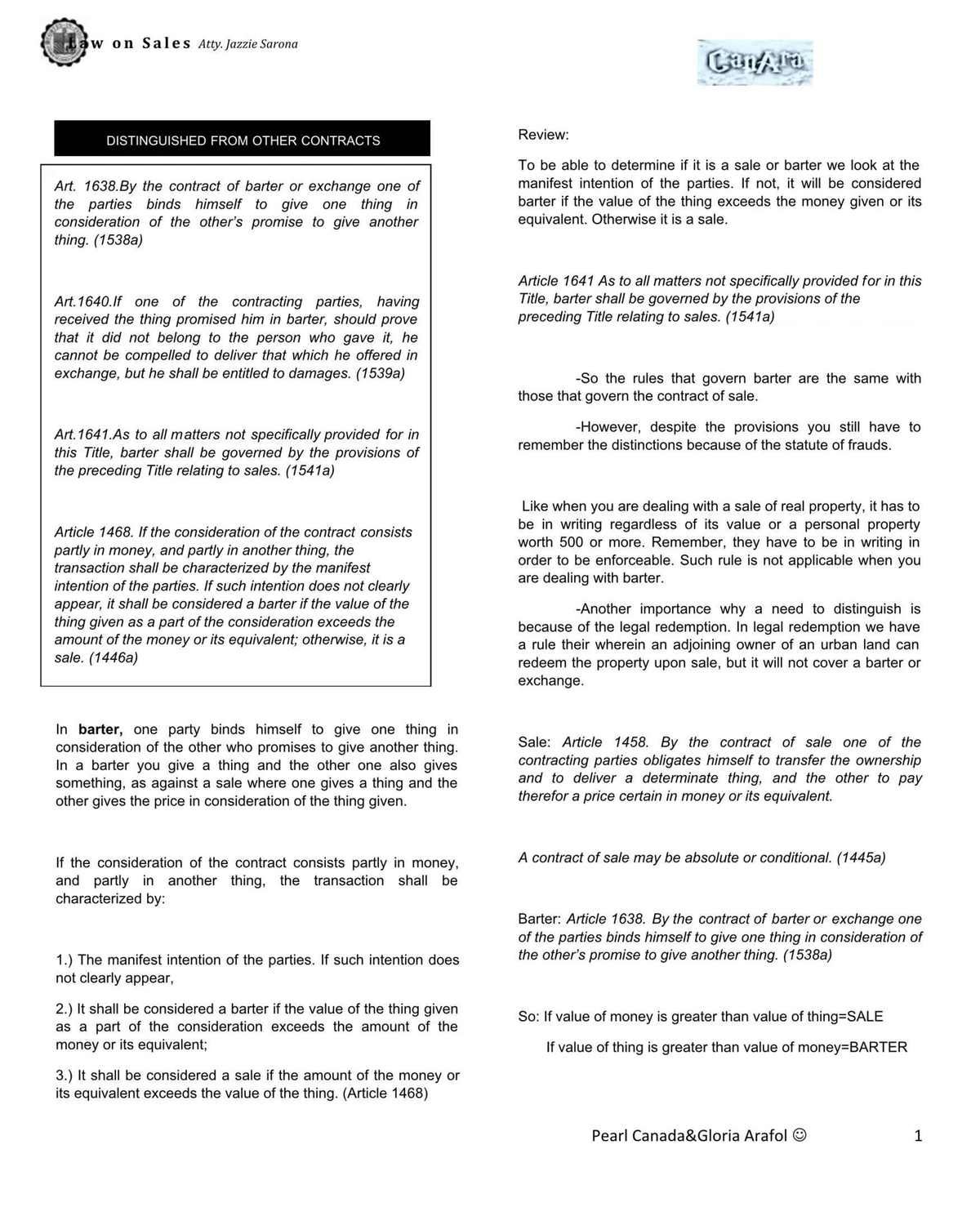 Sales Law: Distinctions Between Sale, Barter, and Other Contracts (COS ...