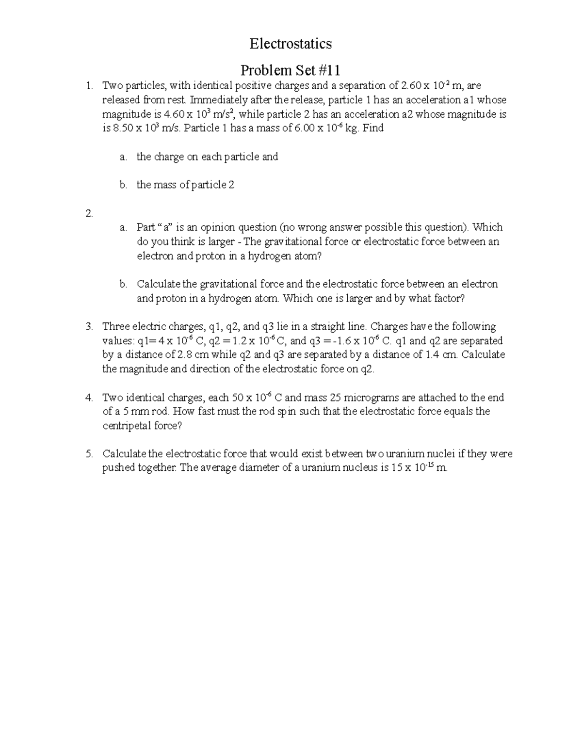 Electrostatics Problem Set 11 - Charge & Force Calculations - Studocu