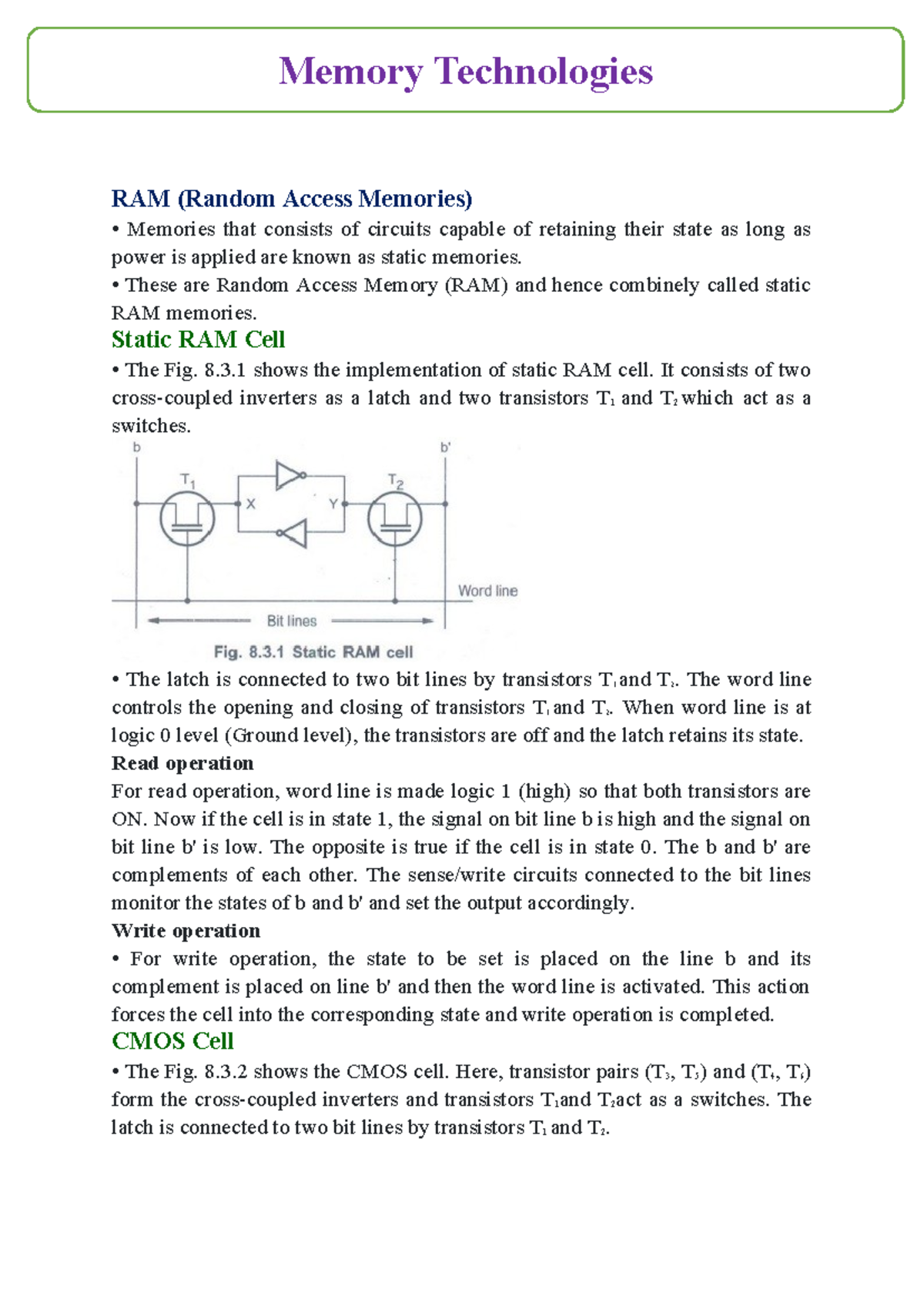 Memory Technologies - Lecture Notes on RAM and ROM (CS101) - Studocu