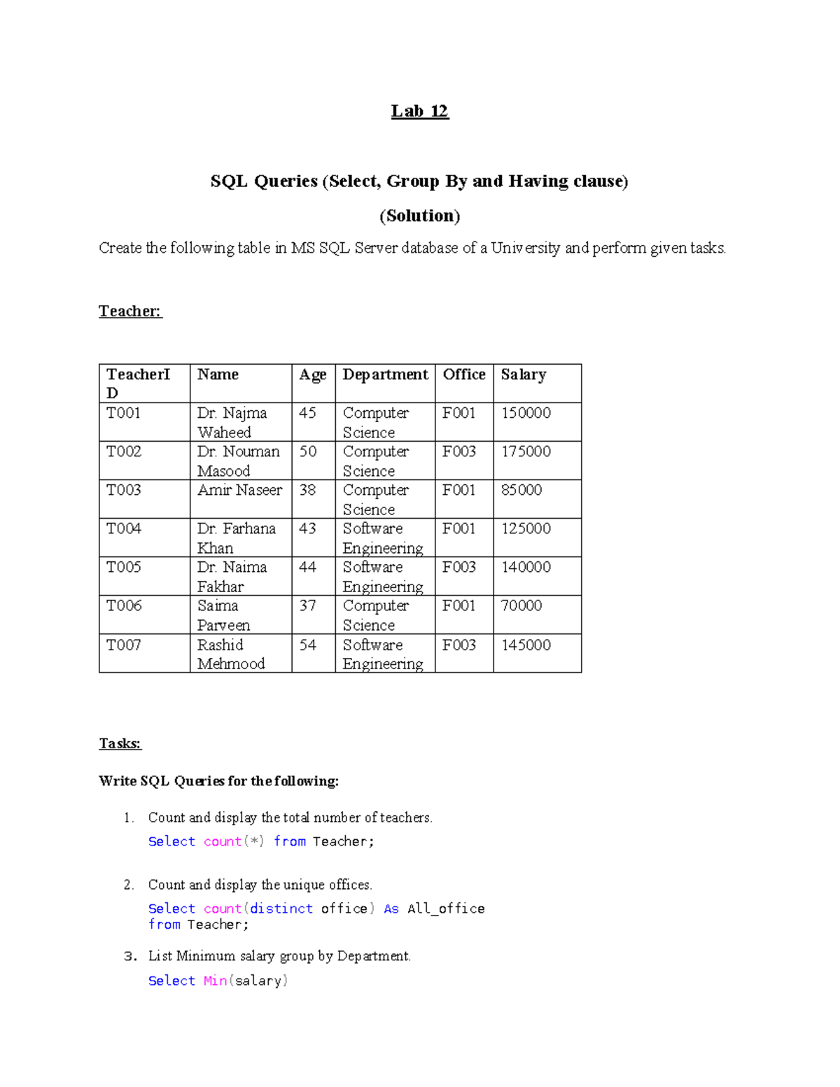 Lab 12 - SQL Queries (Select, Group By, Having) Solutions - Studocu