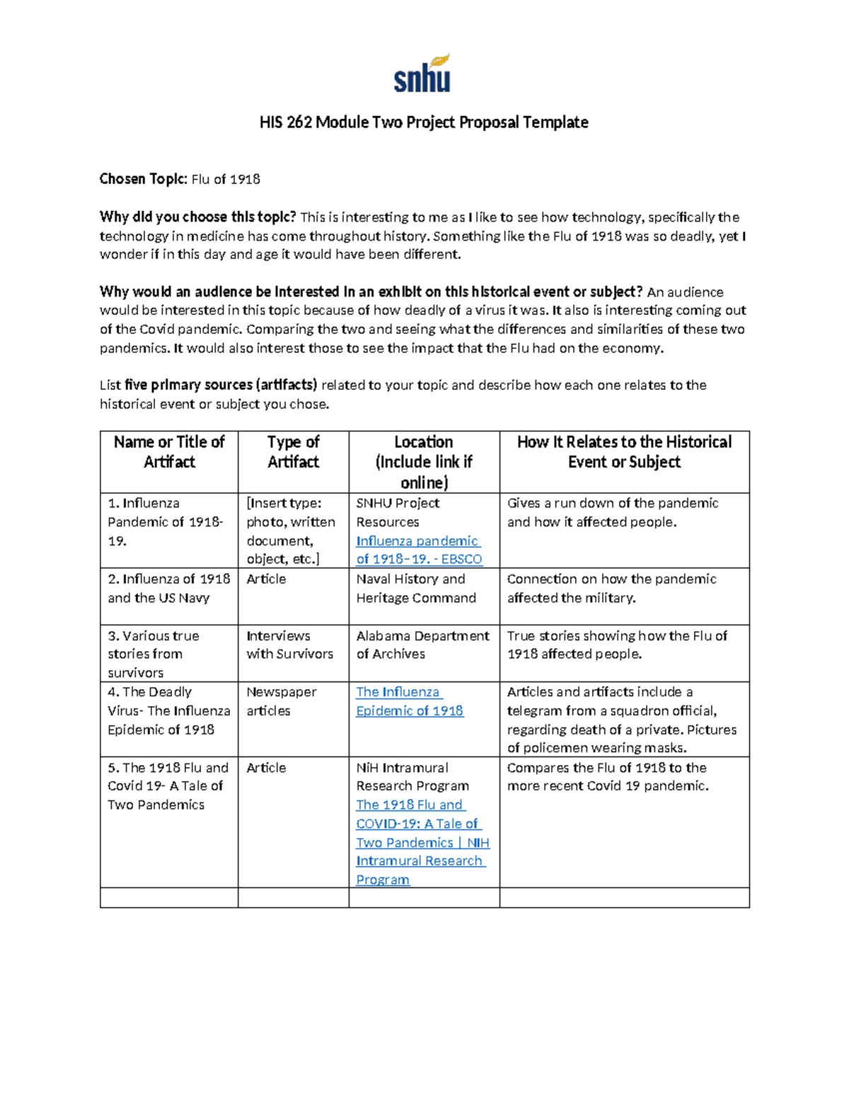 HIS 262 Module Two Project Proposal: Exploring the 1918 Flu Pandemic ...