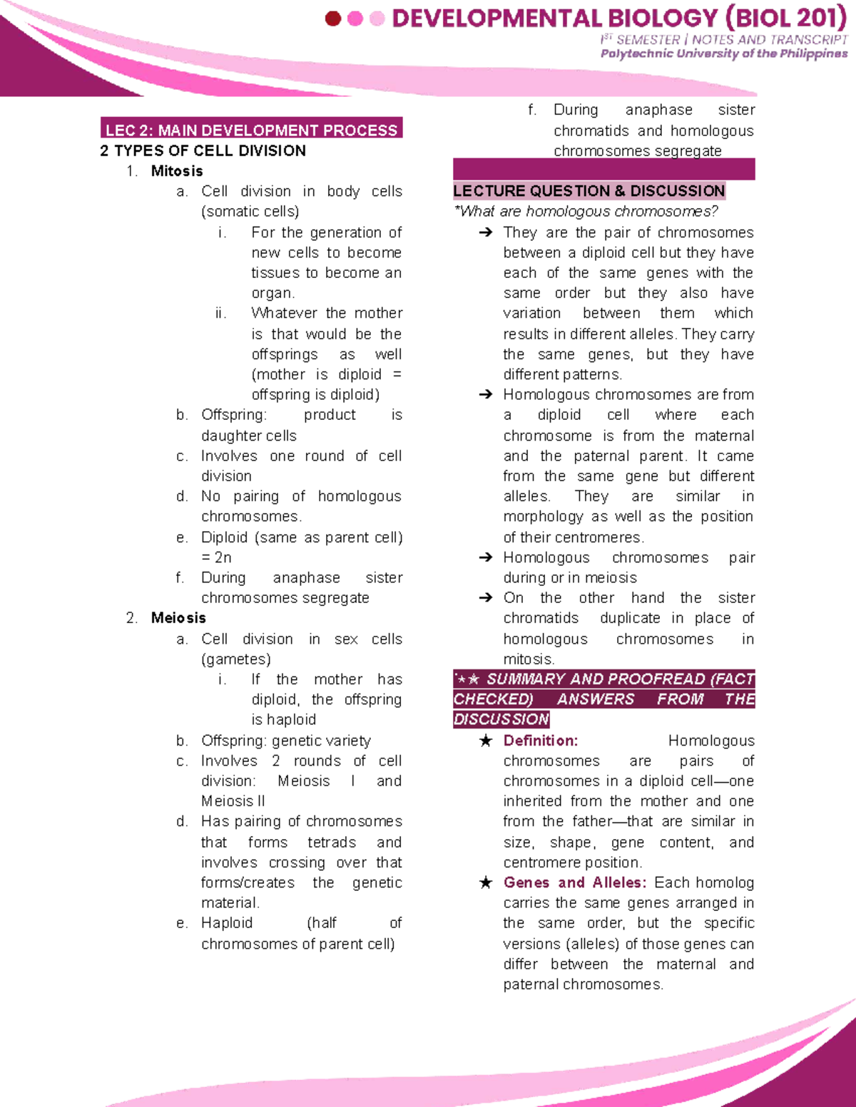LEC 2: Cell Division and Development Processes Explained - Studocu