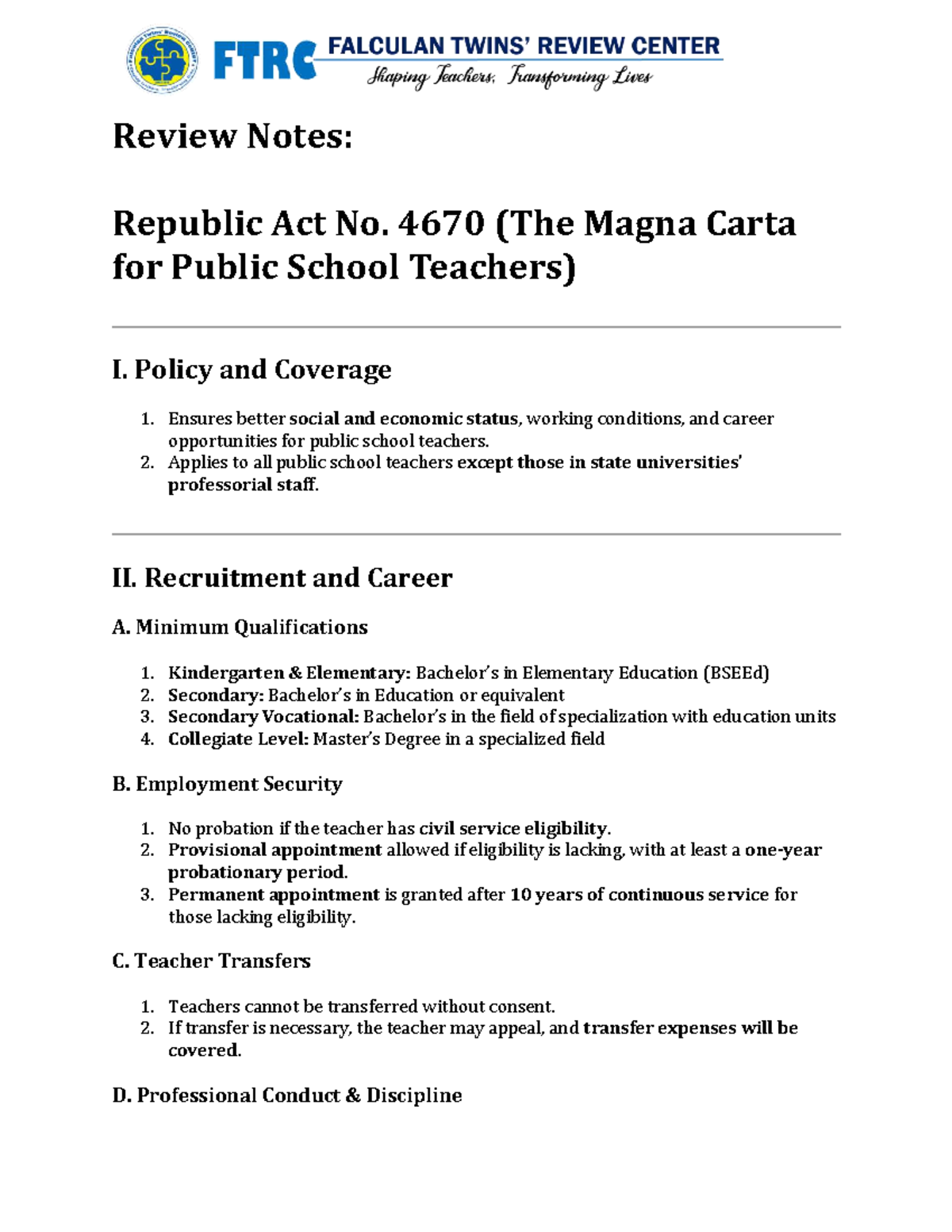 Review Notes on Republic Act No. 4670: Magna Carta for Teachers - Studocu