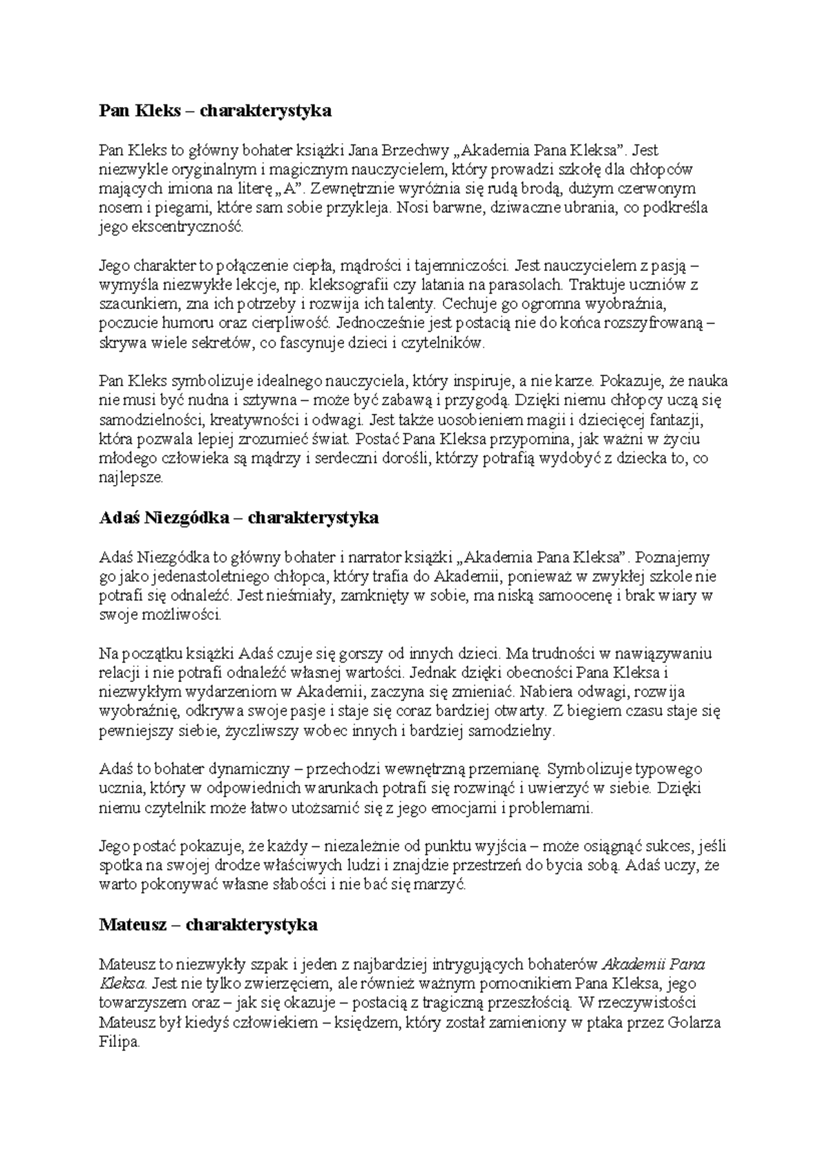 Akademia Pana Kleksa - Charakterystyka Postaci i Bohaterów - Studocu
