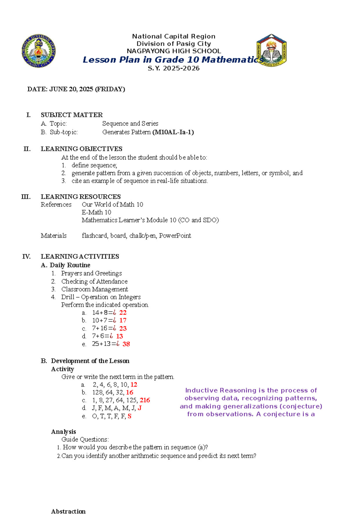 Grade 10 Math Lesson Plan: Sequences & Series (S.Y. 2025) - Studocu