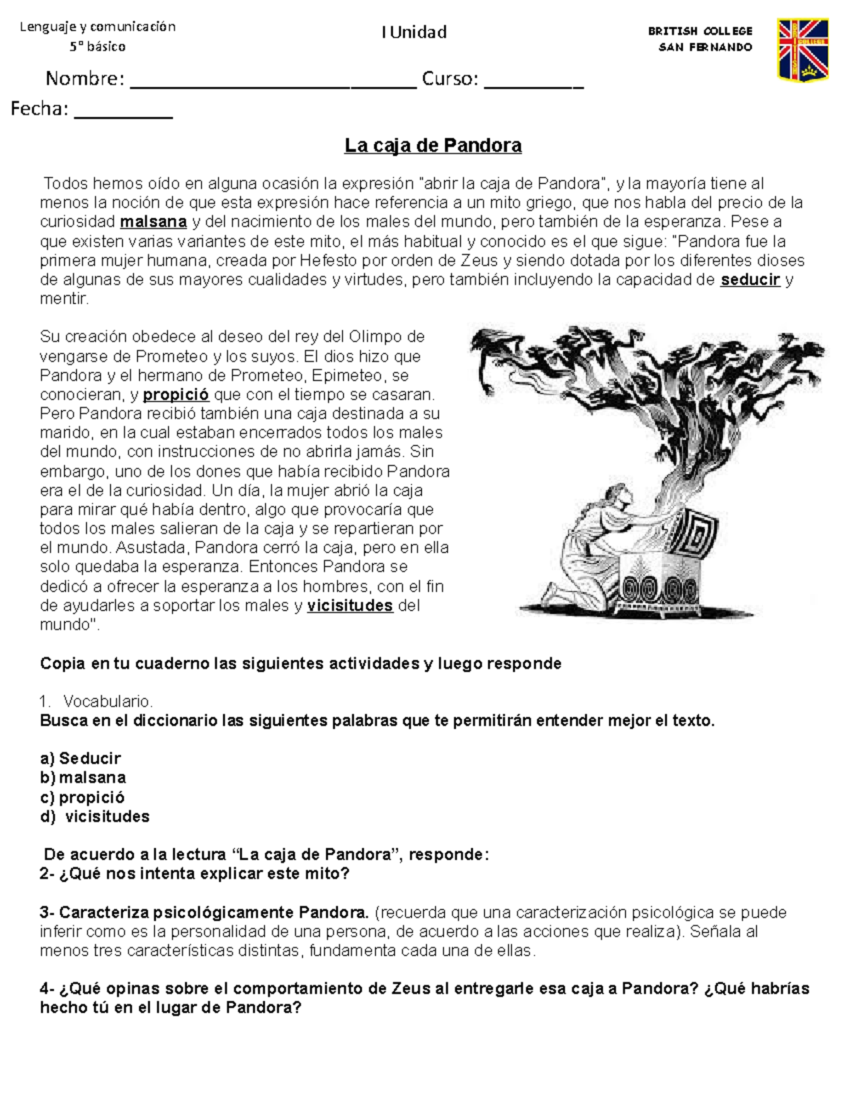 Guía de Lenguaje: La Caja de Pandora - Mito y Actividades (5° Bás ...