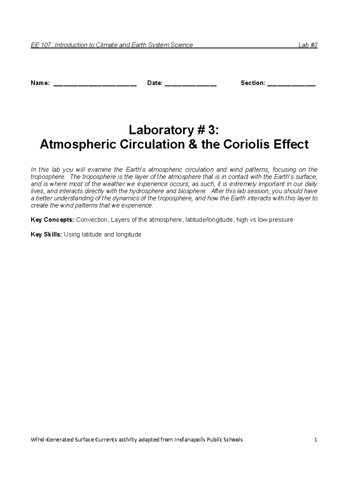 Lab3 - EE107 Lab 3 Atmospheric Circulation - Pre Lab Reading(1) - Wind ...