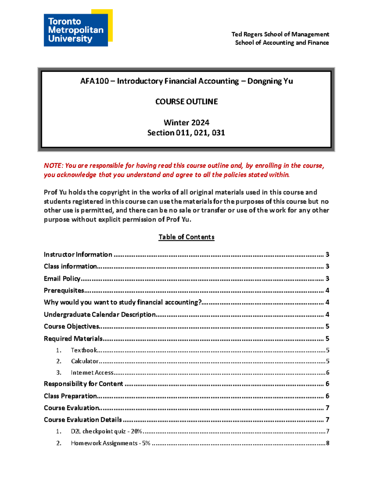 AFA100 Winter 2024 Course Outline - Introductory Financial Accounting ...