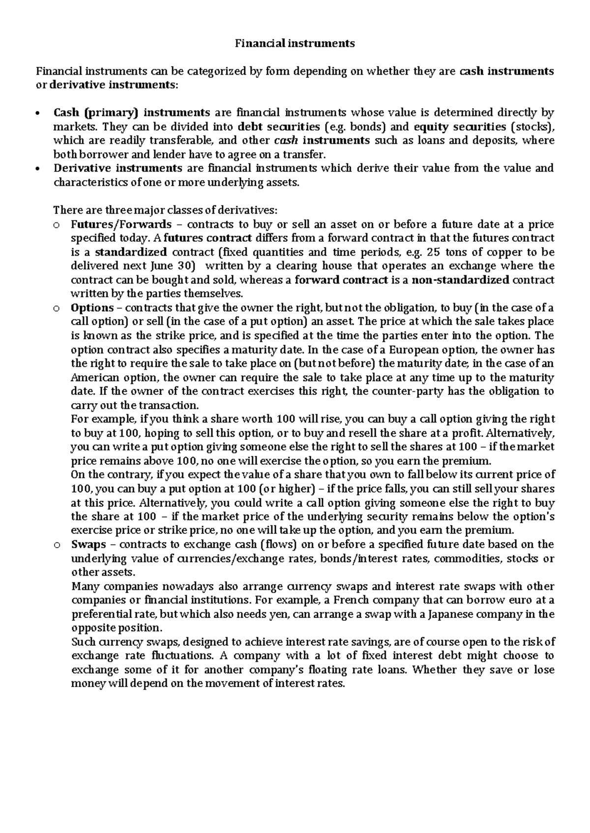 Financial Instruments Overview: Cash vs. Derivative Types - Studocu