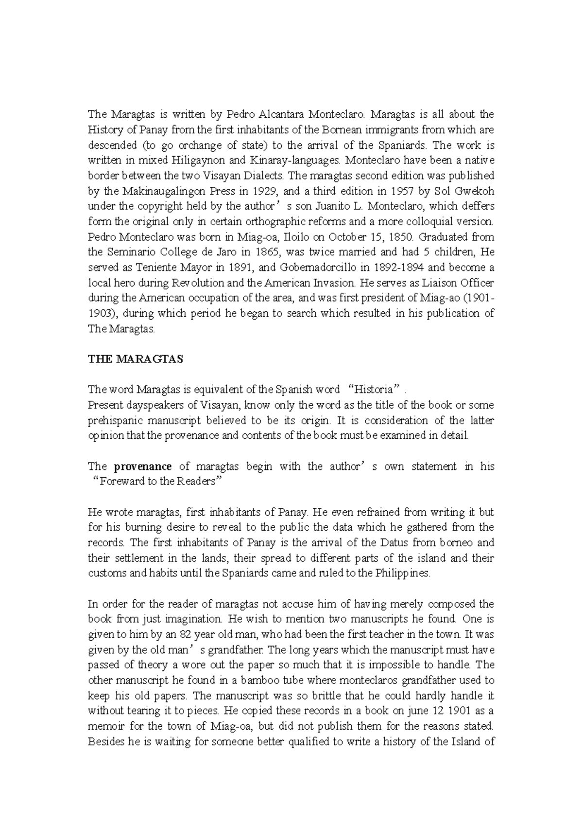 The Maragtas: A Historical Overview of Panay by Pedro Monteclaro - Studocu