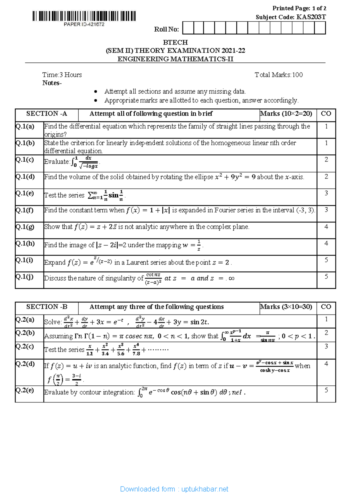 KAS203T BTECH SEM II Theory Exam PYQs 2021-22 - Studocu