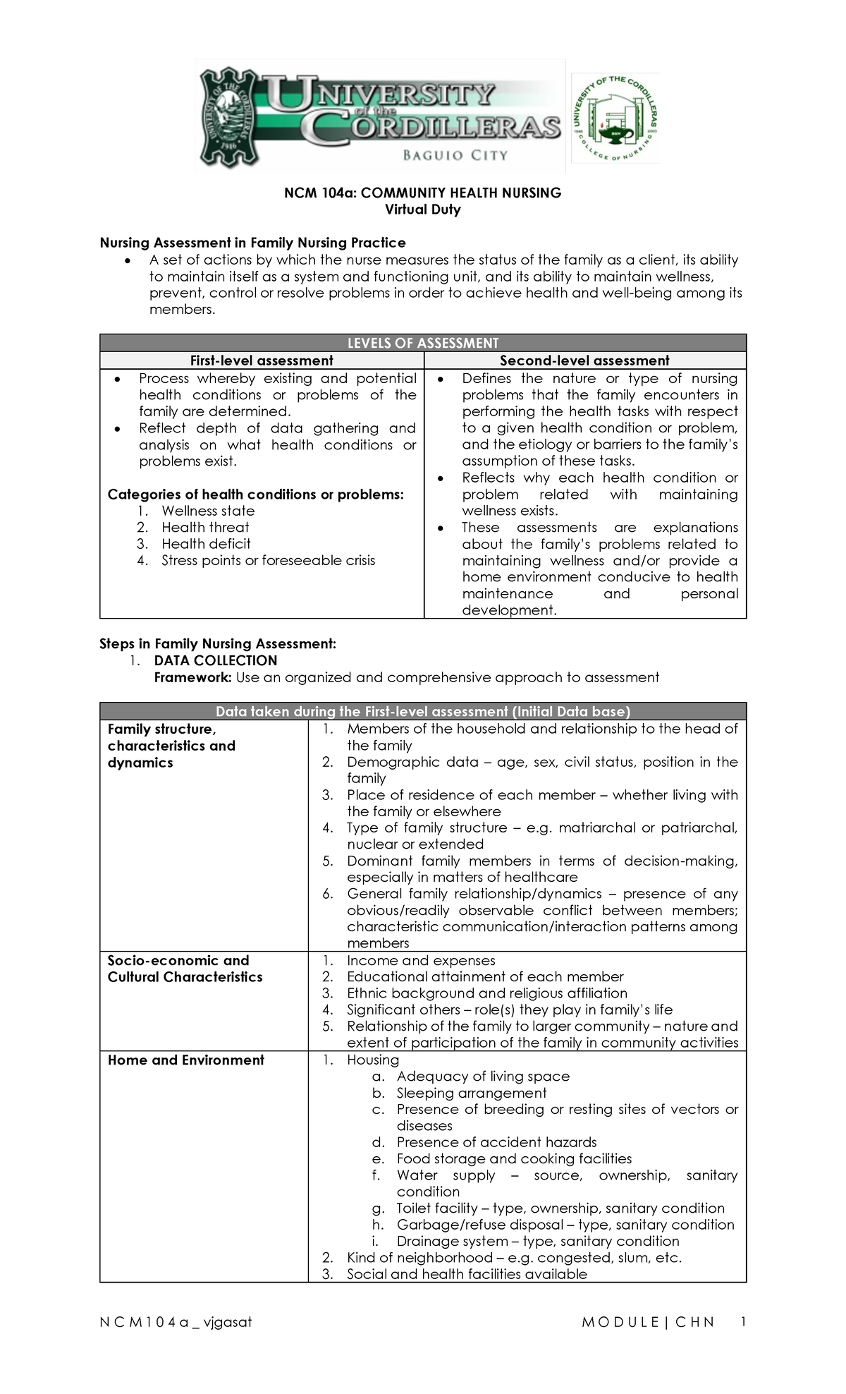 Family Assessment in Community Health Nursing (NCM 104a) - Studocu